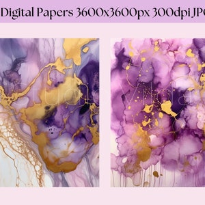 Purple and Gold Digital Paper, Alcohol Ink 12x JPG Marbled Washes ...
