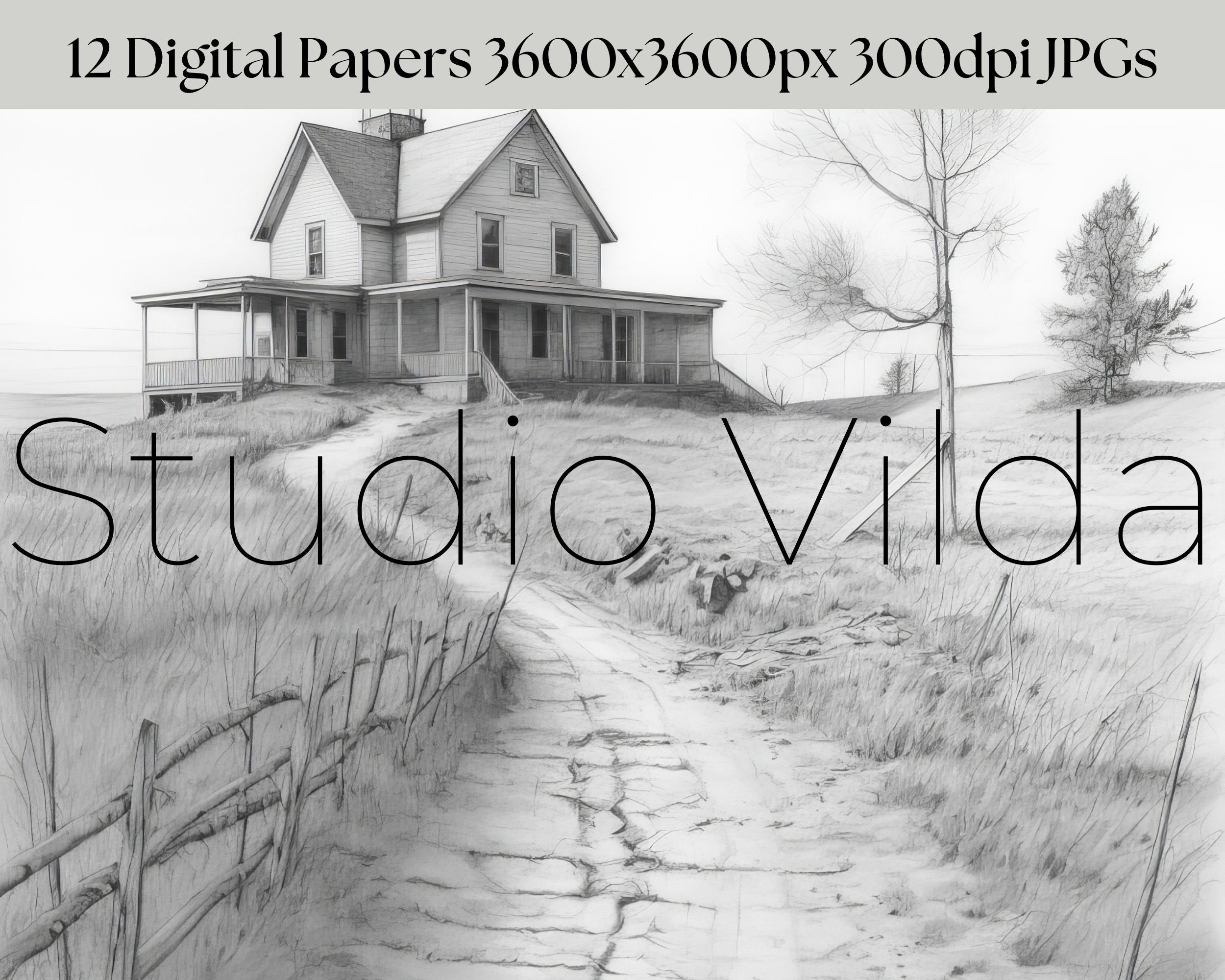 Farmhouse Digital Paper, 12x JPG Drawings Clipart Black and White ...
