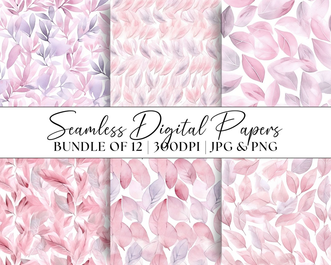 Seamless Digital Paper Bundle, 12 Pastel Pink Leaves Floral Patterns ...