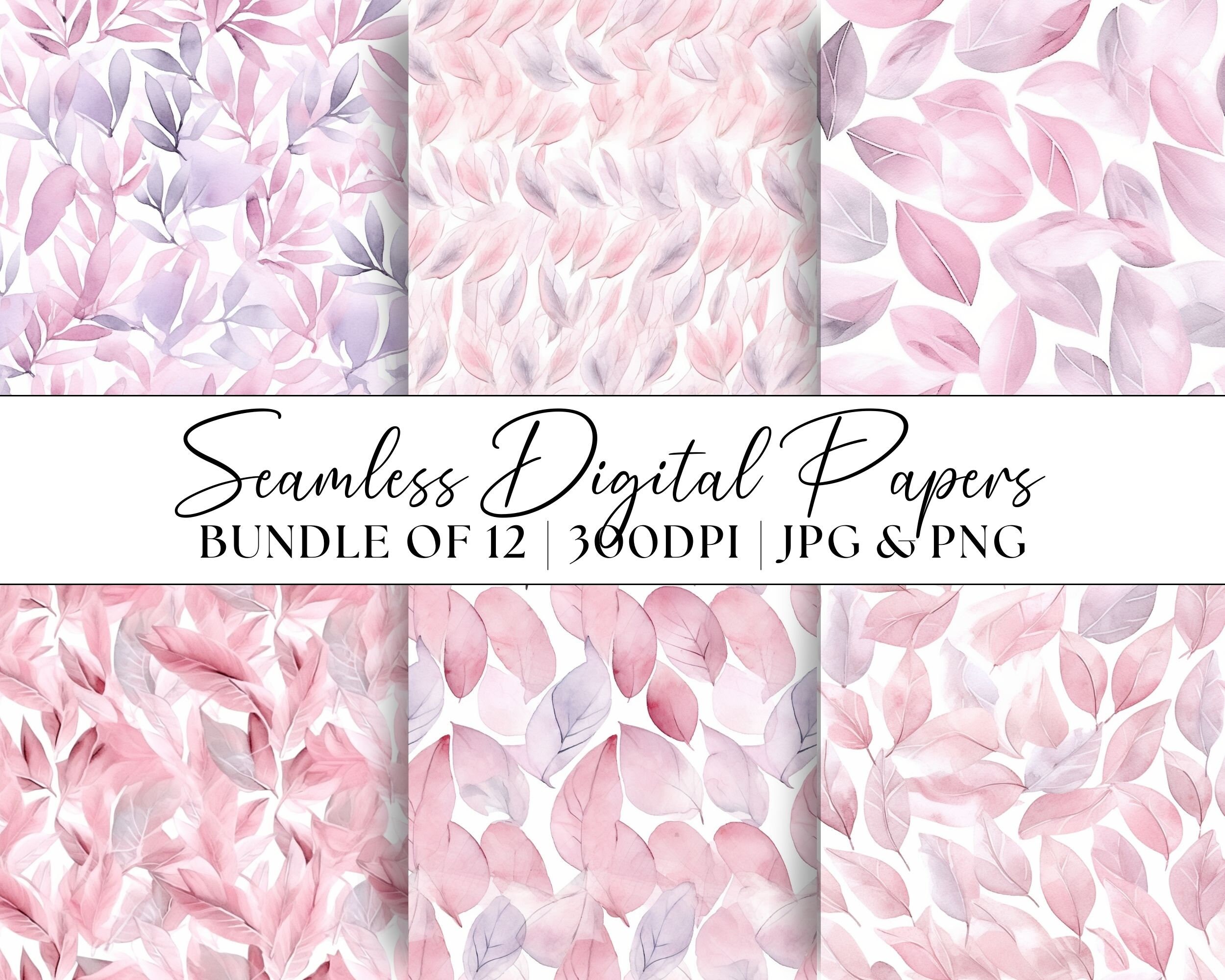 Seamless Digital Paper Bundle, 12 Pastel Pink Leaves Floral Patterns ...