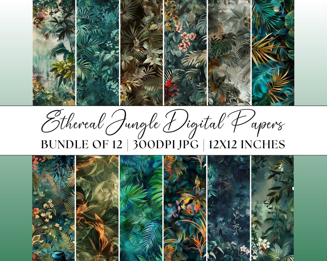 Jungle Digital Paper Bundle 12x JPG Patterns Clipart Graphics Ethereal ...