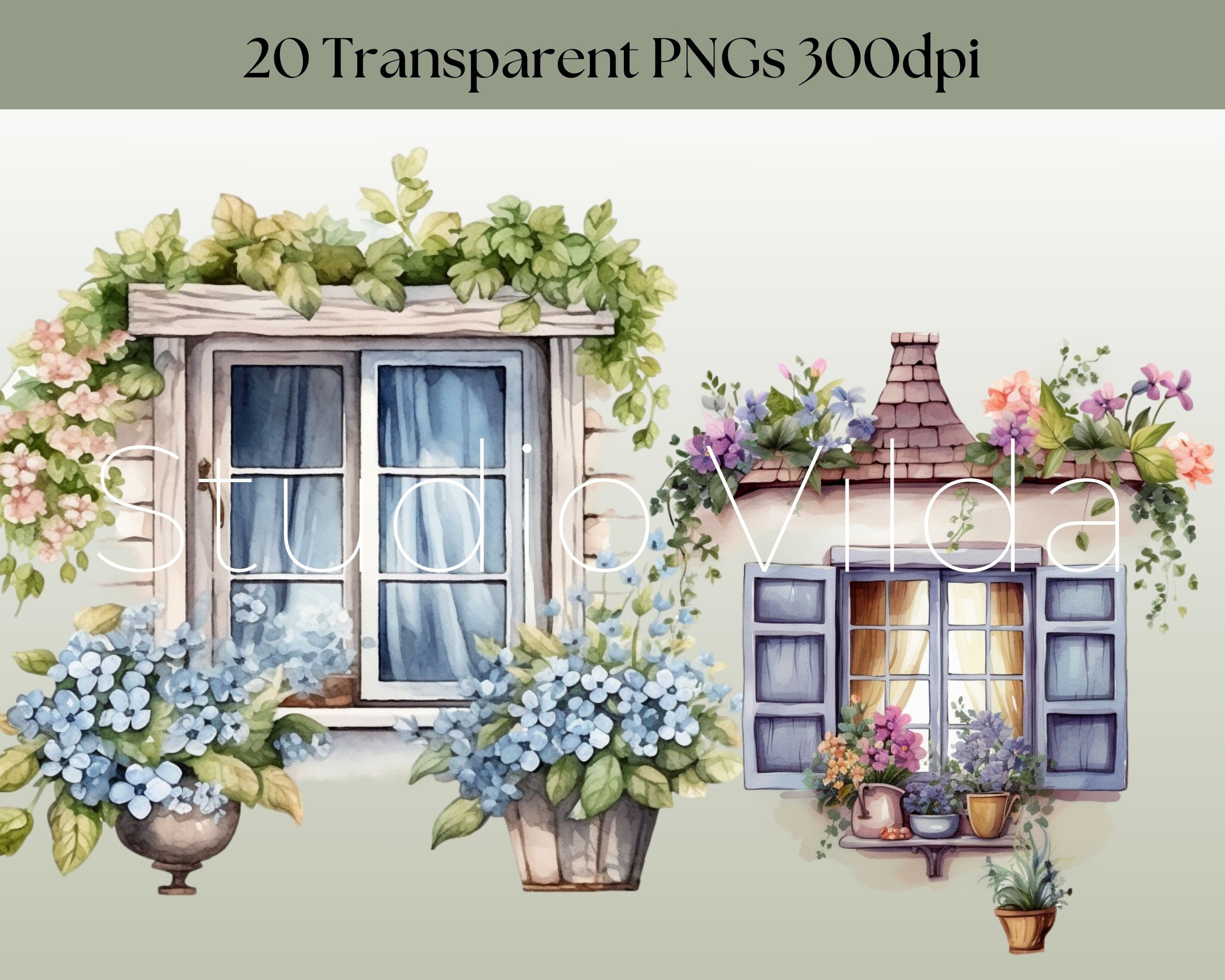 Cottage Window Clipart, Watercolor Cottagecore Style Transparent 20x ...