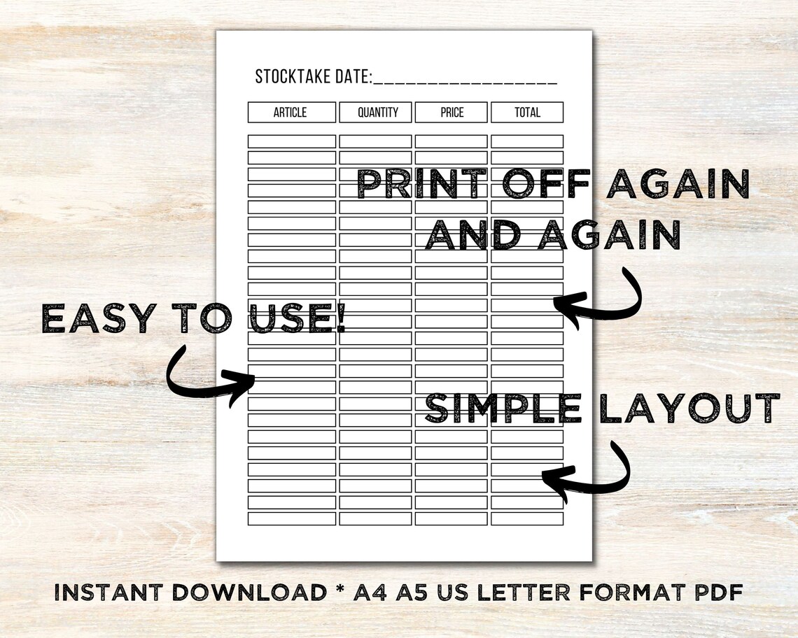 Basic Inventory Log Sheet Stocktake Printable Digital Download A4 & US ...