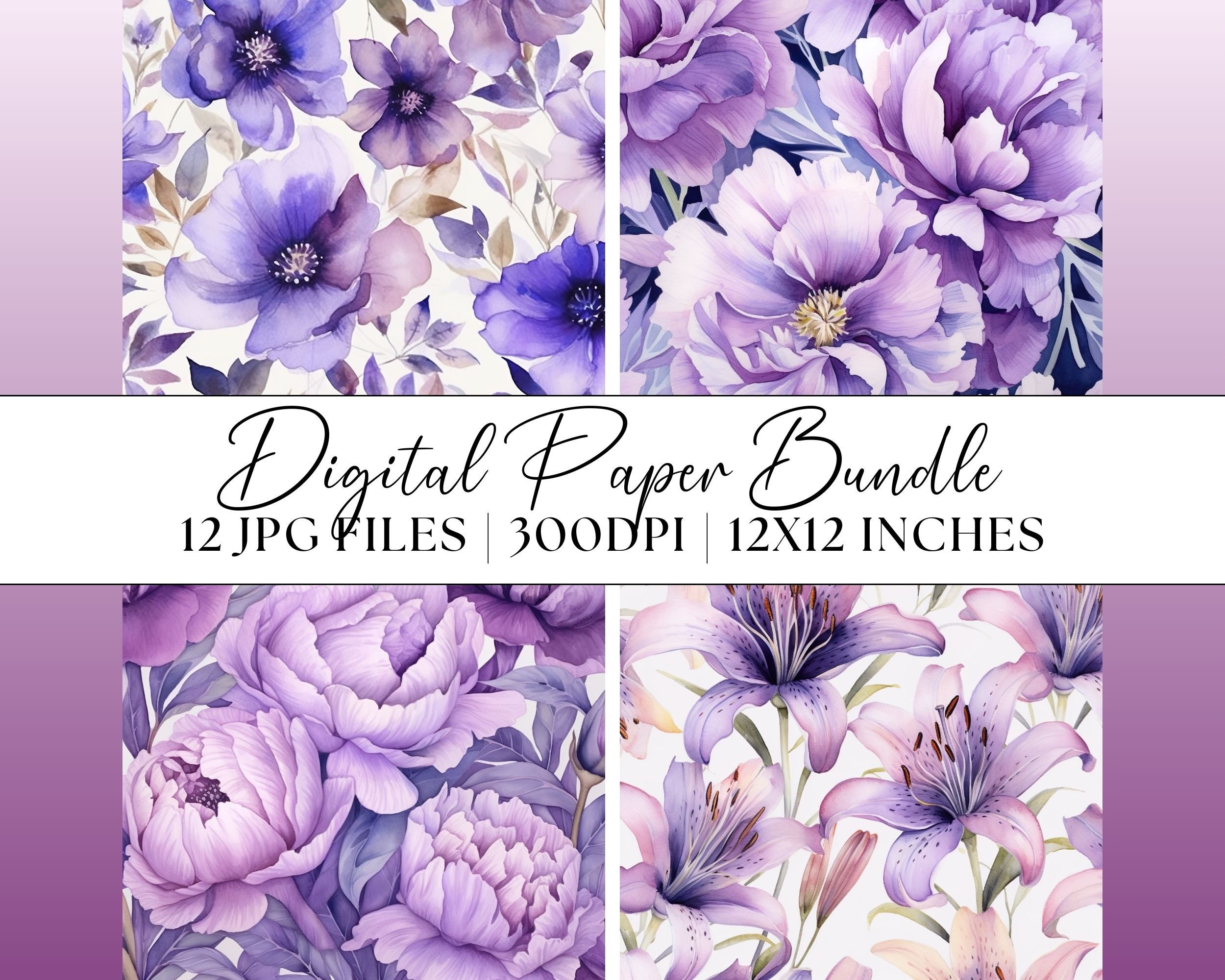 Purple Flowers Digital Paper, 12x JPG Patterns Watercolour Clipart ...