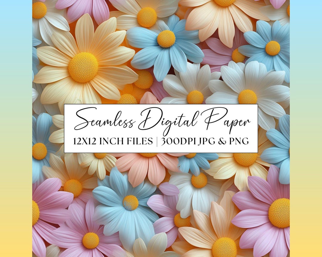 Pale Pastel Daisy Digital Paper, 3D Floral Seamless Pattern, Bright ...