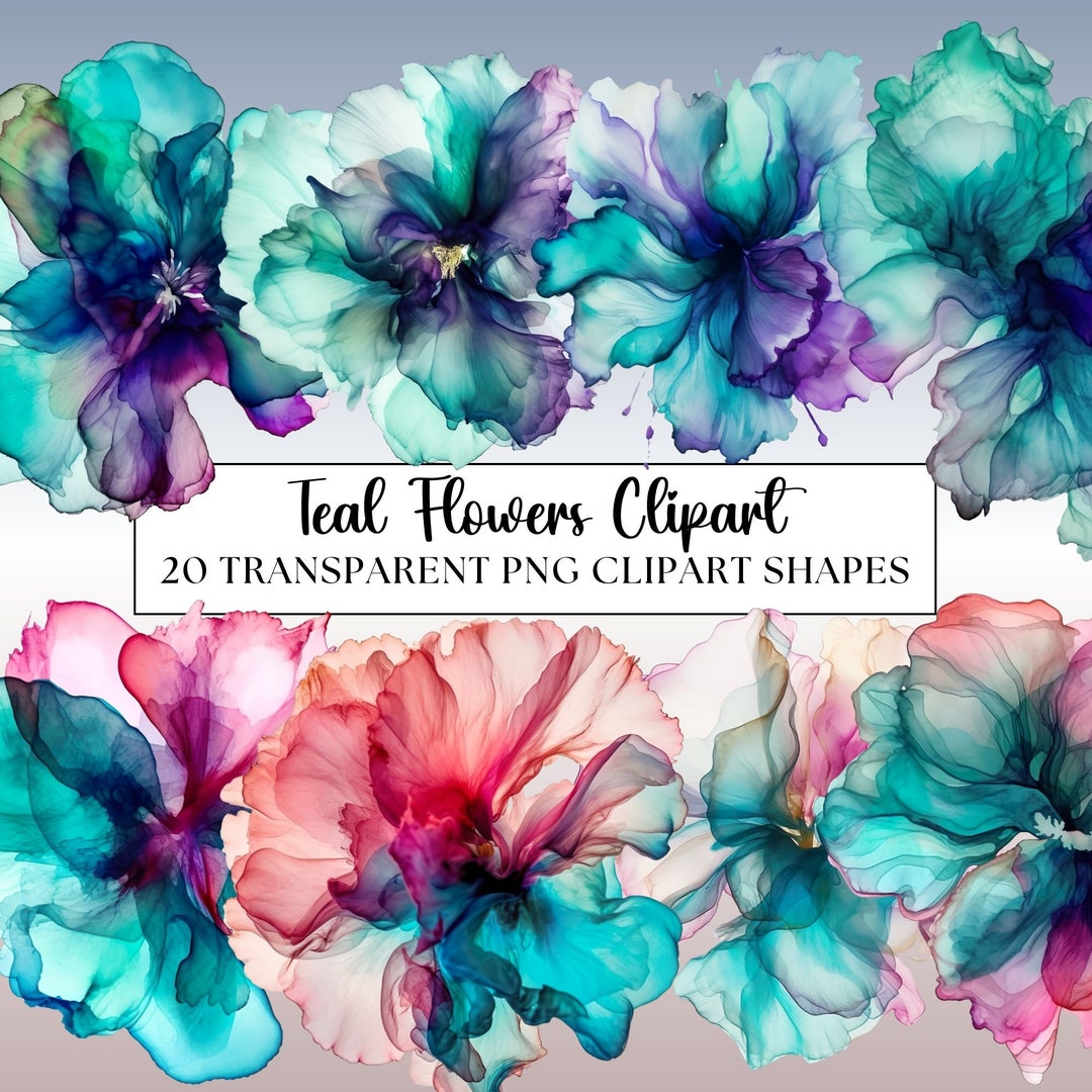 Teal Green Flowers Clipart Pack Alcohol Ink Florals Petal - Etsy
