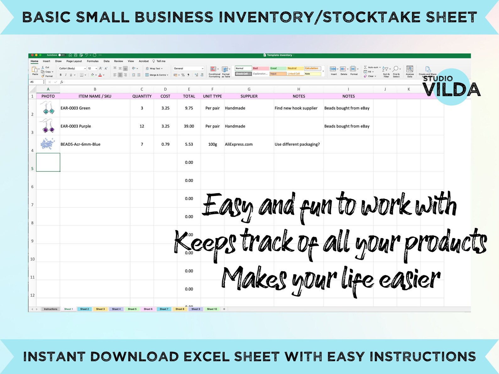 Excel Inventory Template Easy Instant Digital Download Sheet - Etsy