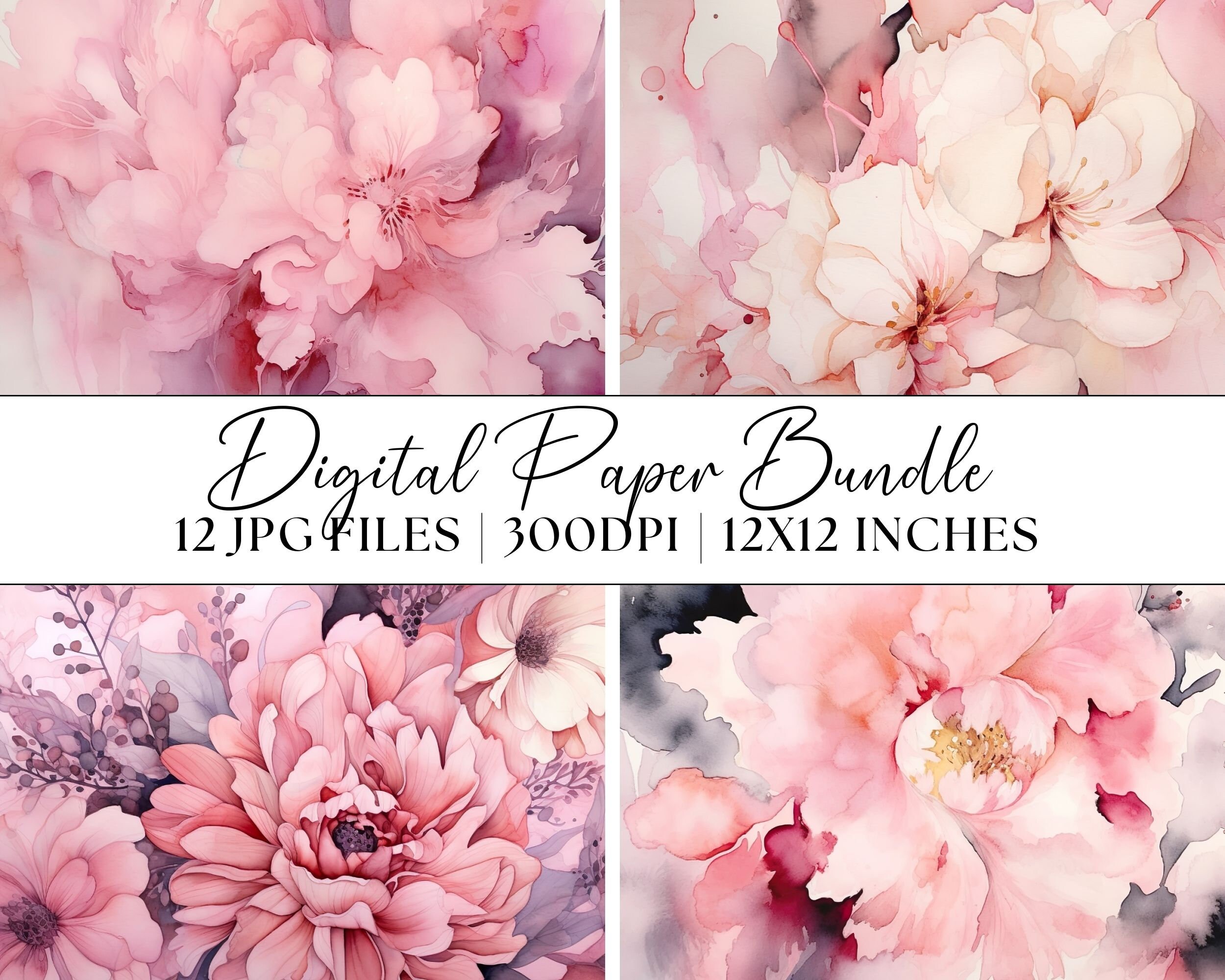 Watercolour Digital Paper Pink Floral, 12x JPG Pastel Patterns Clipart ...