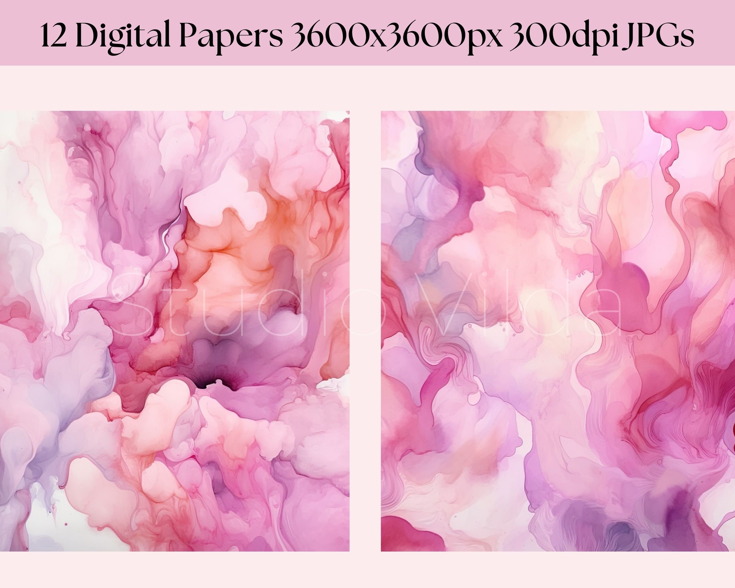 Pink Watercolor Digital Paper, 12x JPG Patterns Splashes Clipart ...