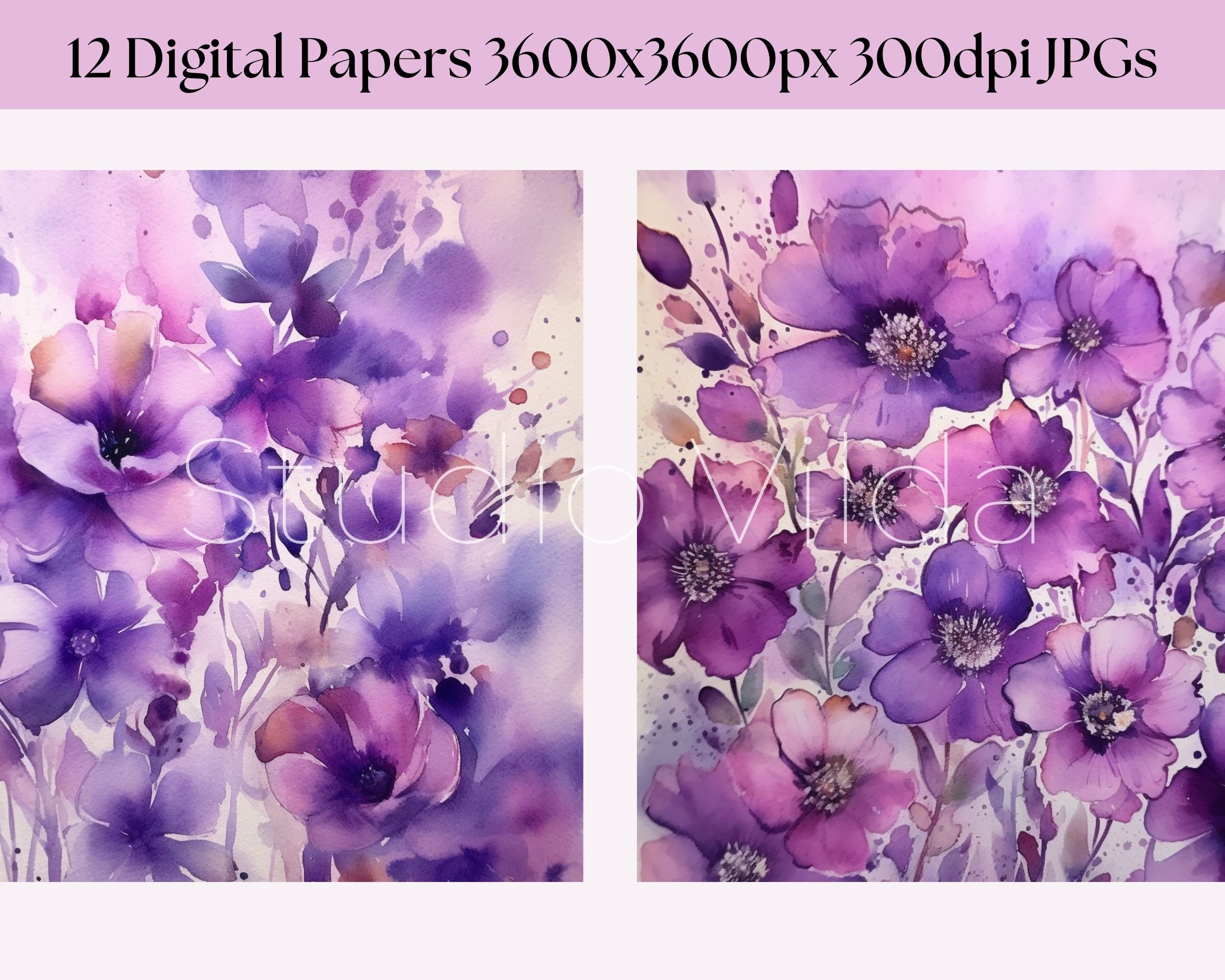 Watercolour Digital Paper Purple Floral 12x JPG Pastel - Etsy