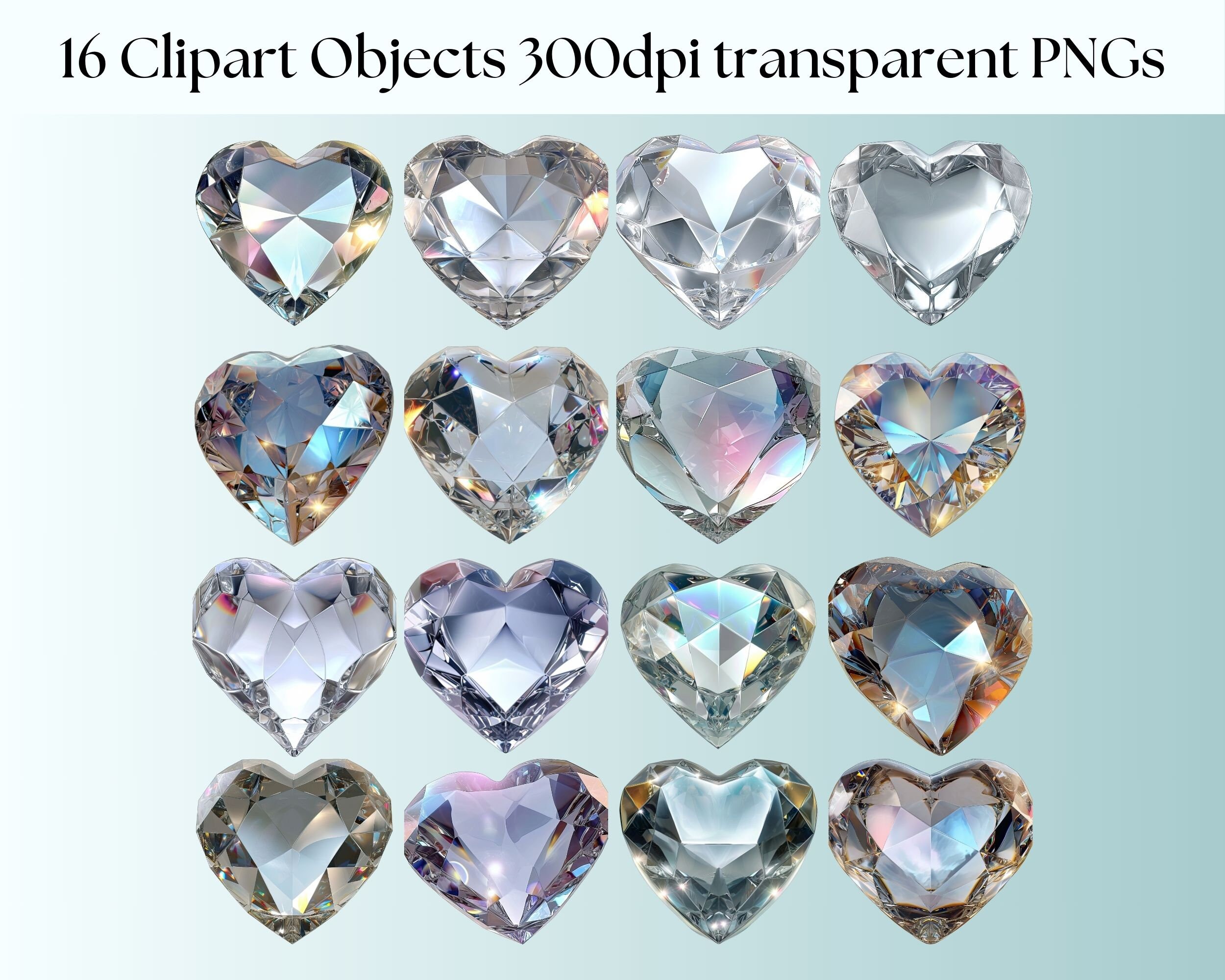 Clear Diamond Hearts Clipart Bundle, Objects Crafting Wedding Love ...