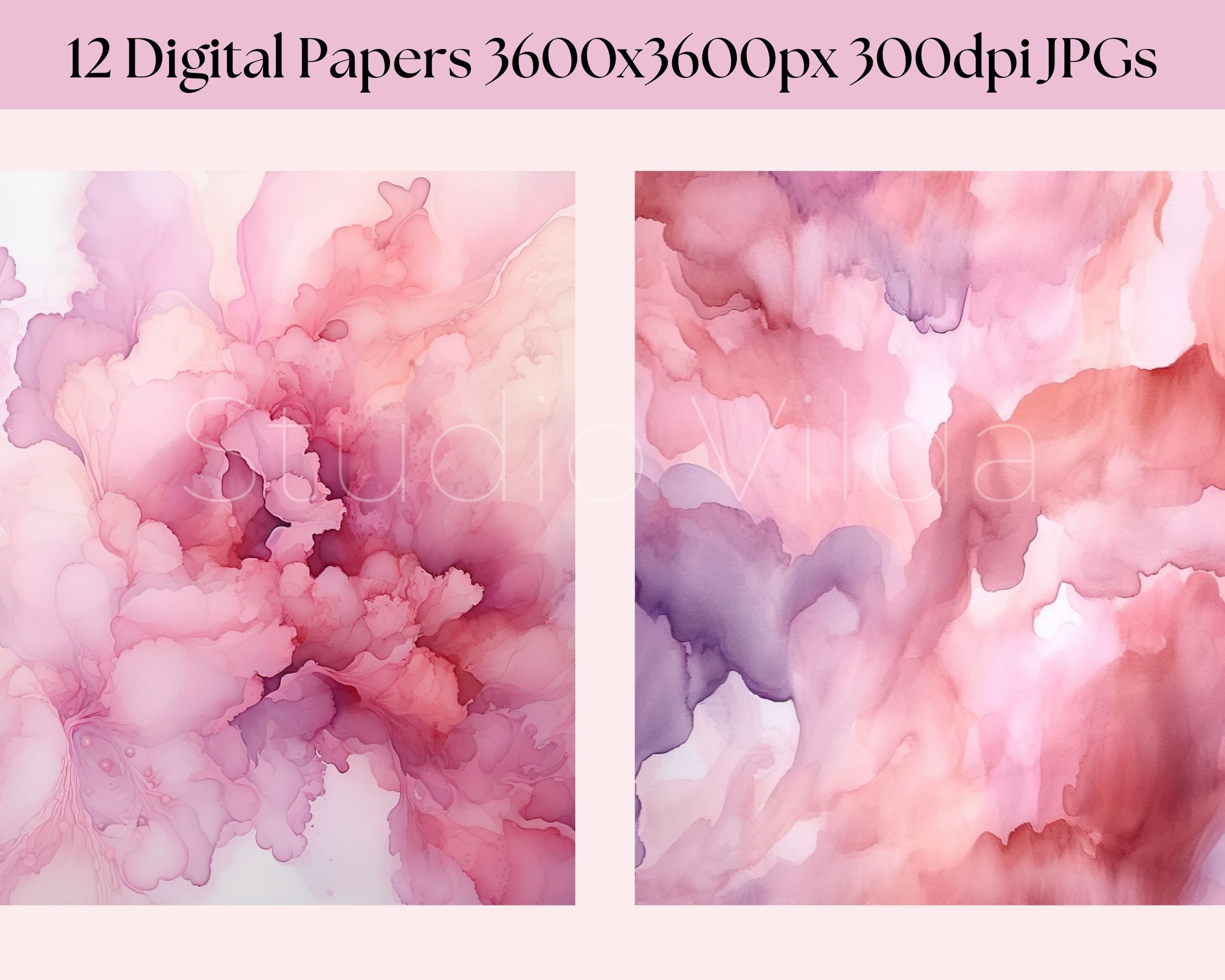 Pink Watercolor Digital Paper, 12x JPG Patterns Splashes Clipart ...