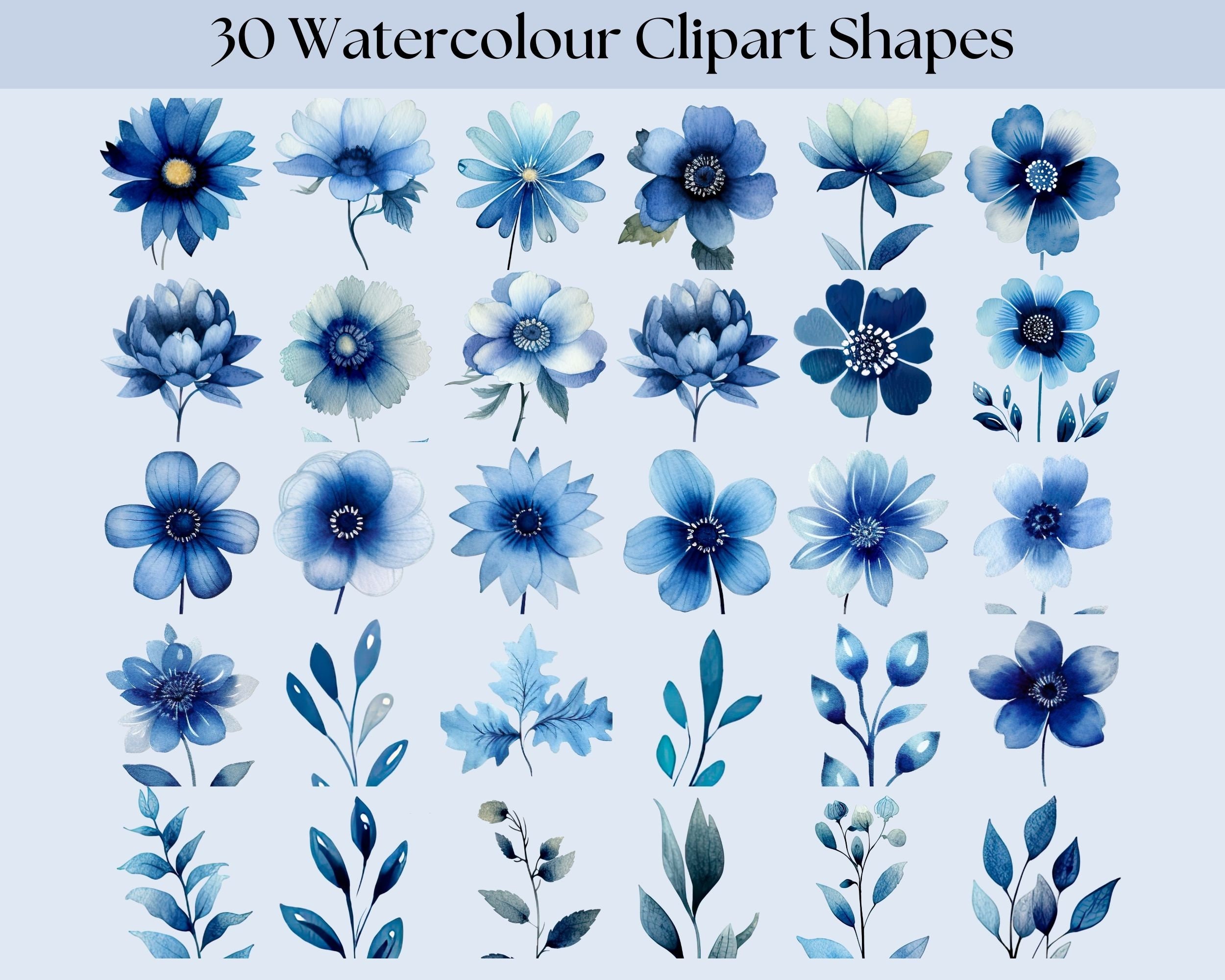 Blue Flowers Clipart Pack Floral Watercolour Objects - Etsy