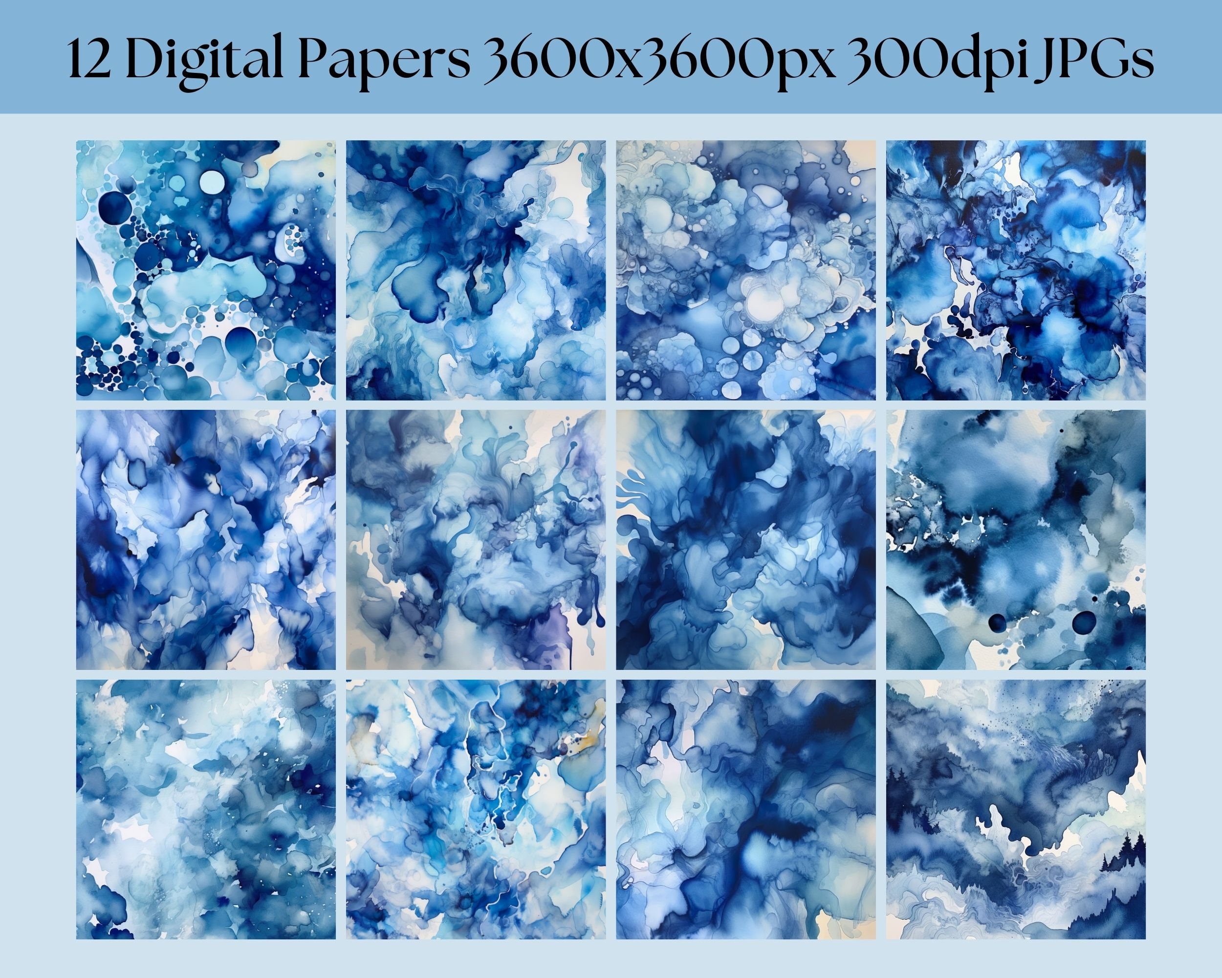 Blue Watercolour Splashes Digital Paper, 12x JPG Patterns Clipart ...