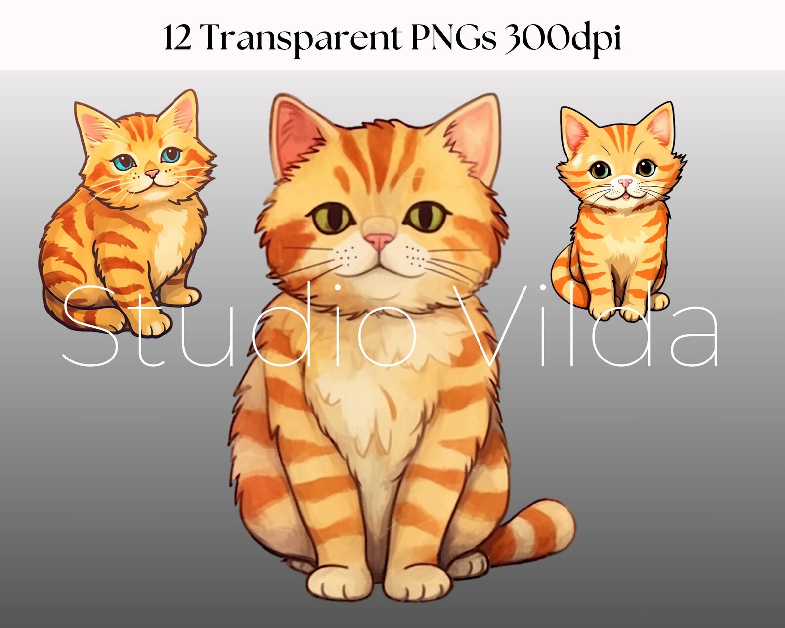 Ginger Cats Clipart, Cartoon Style Kittens Transparent 12x PNG Shapes ...