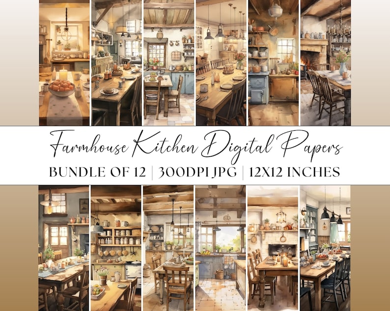 Vintage Farmhouse Digital Paper, 12x JPG Kitchen Drawings, Cottagecore ...