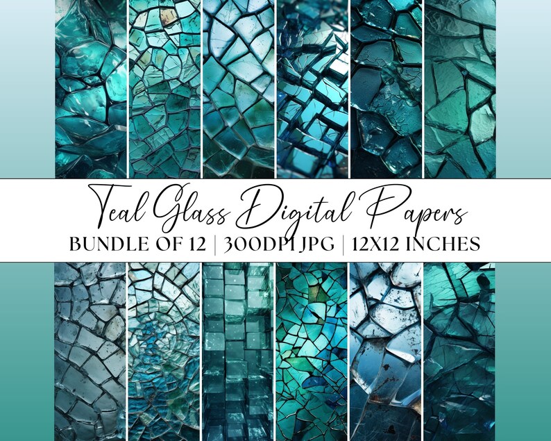 Digital Paper Teal Green Glass, 12x JPG Cracked Glass Patterns, Clipart ...