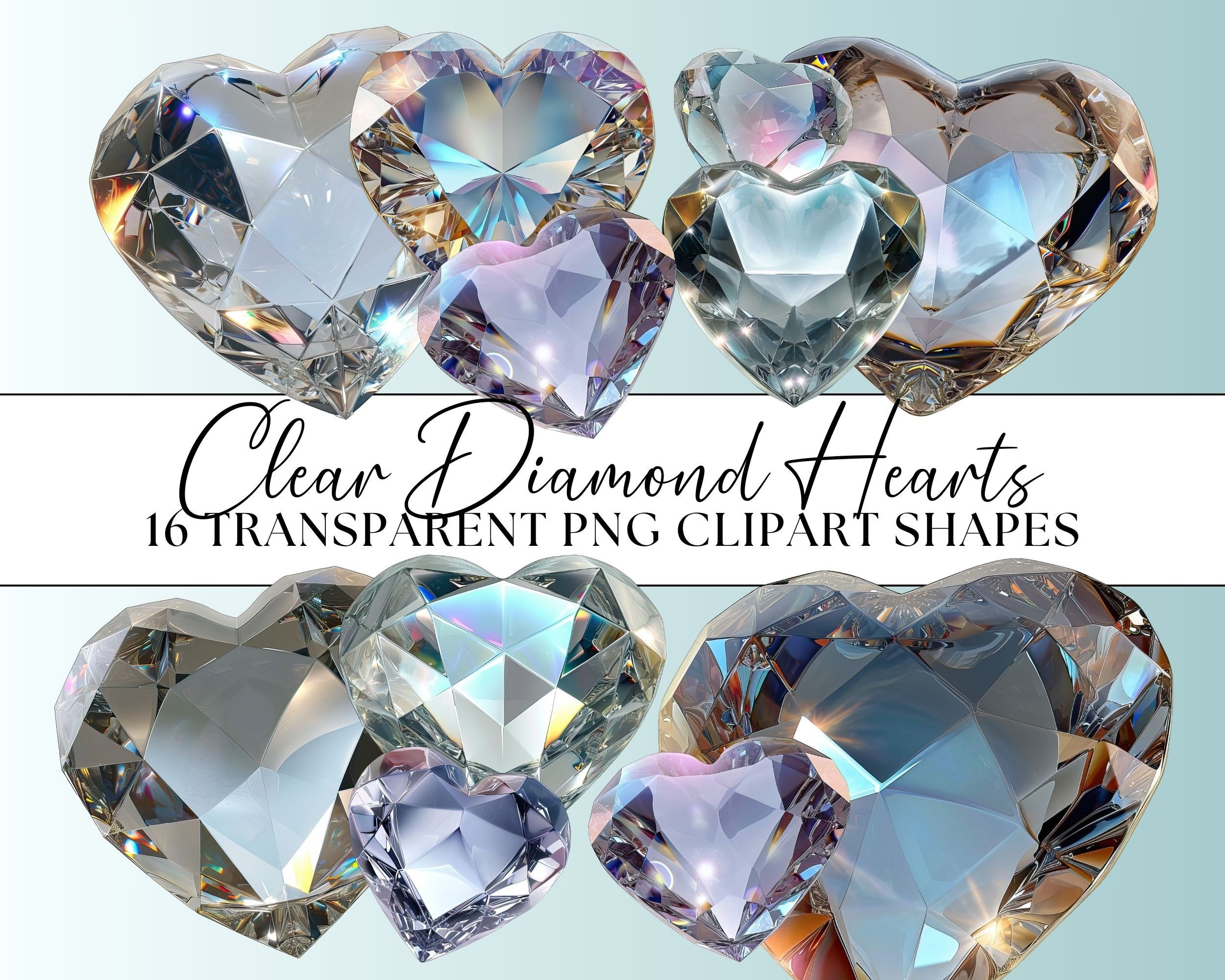 Clear Diamond Hearts Clipart Bundle, Objects Crafting Wedding Love ...