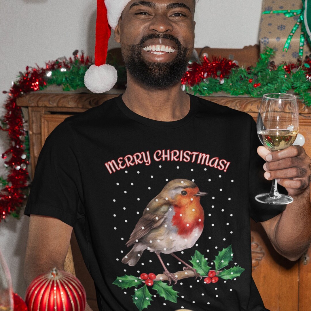 RED ROBIN on a HOLLY Branch Merry Christmas Unisex T-shirt Robin Red ...