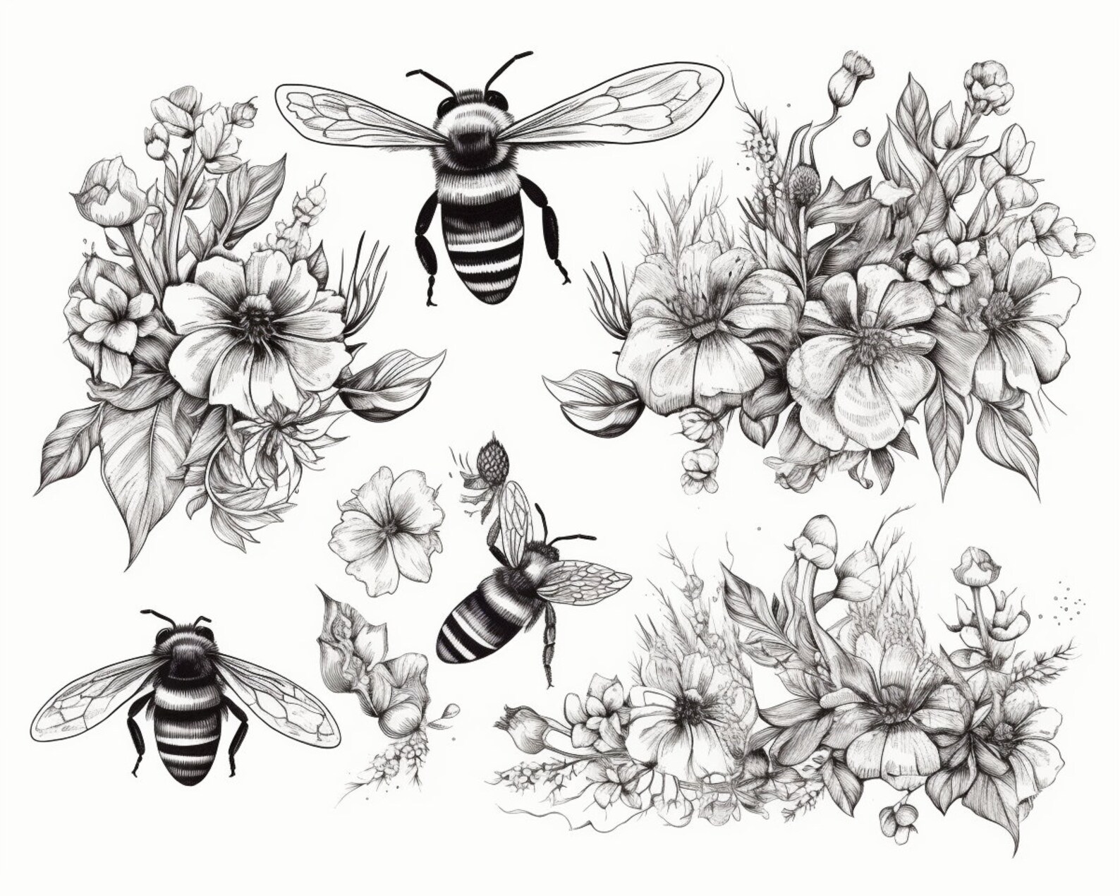 Bespoke Tattoo Flash Sheet Bees and Flowers part 1 5x Sheets, DIGITAL ...