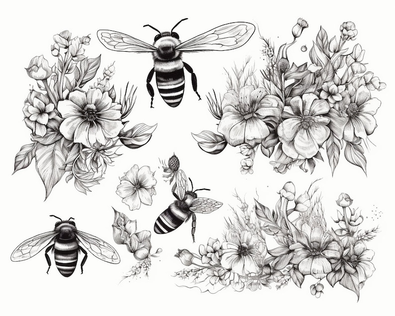 Bespoke Tattoo Flash Sheet Bees and Flowers part 1 5x Sheets, DIGITAL ...