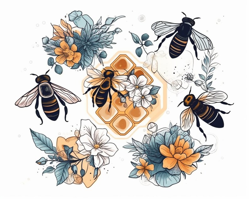 Bespoke Tattoo Flash Sheet Bees and Flowers part 1 5x Sheets, DIGITAL ...