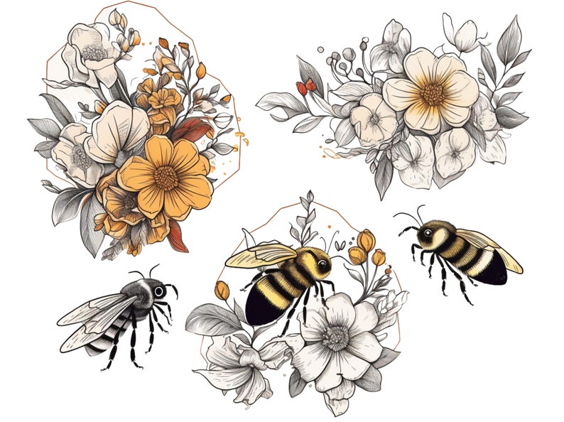 Bespoke Tattoo Flash Sheet Bees and Flowers part 1 5x Sheets, DIGITAL ...