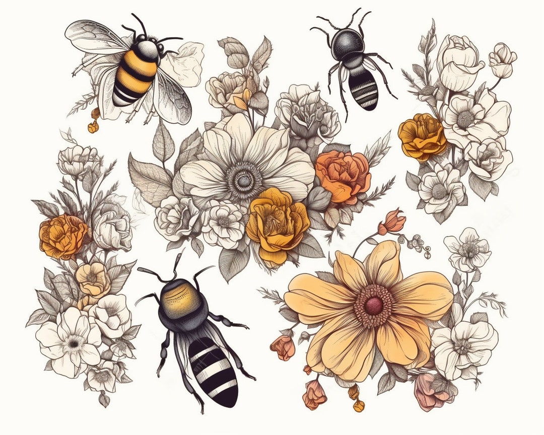 Bespoke Tattoo Flash Sheet Bees and Flowers part 1 5x Sheets, DIGITAL ...