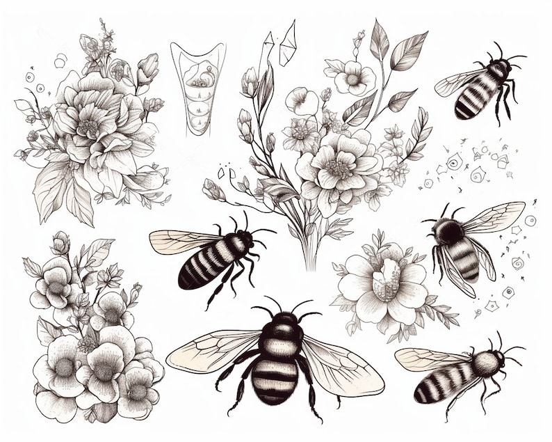 Bespoke Tattoo Flash Sheet Bees and Flowers part 1 5x Sheets, DIGITAL ...