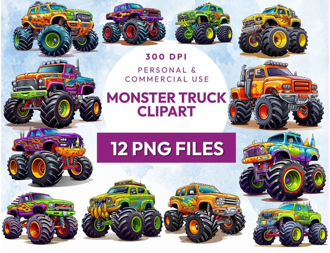 12 Watercolor Monster Truck Clipart Bundle, Transparent PNG 300DPI, off ...