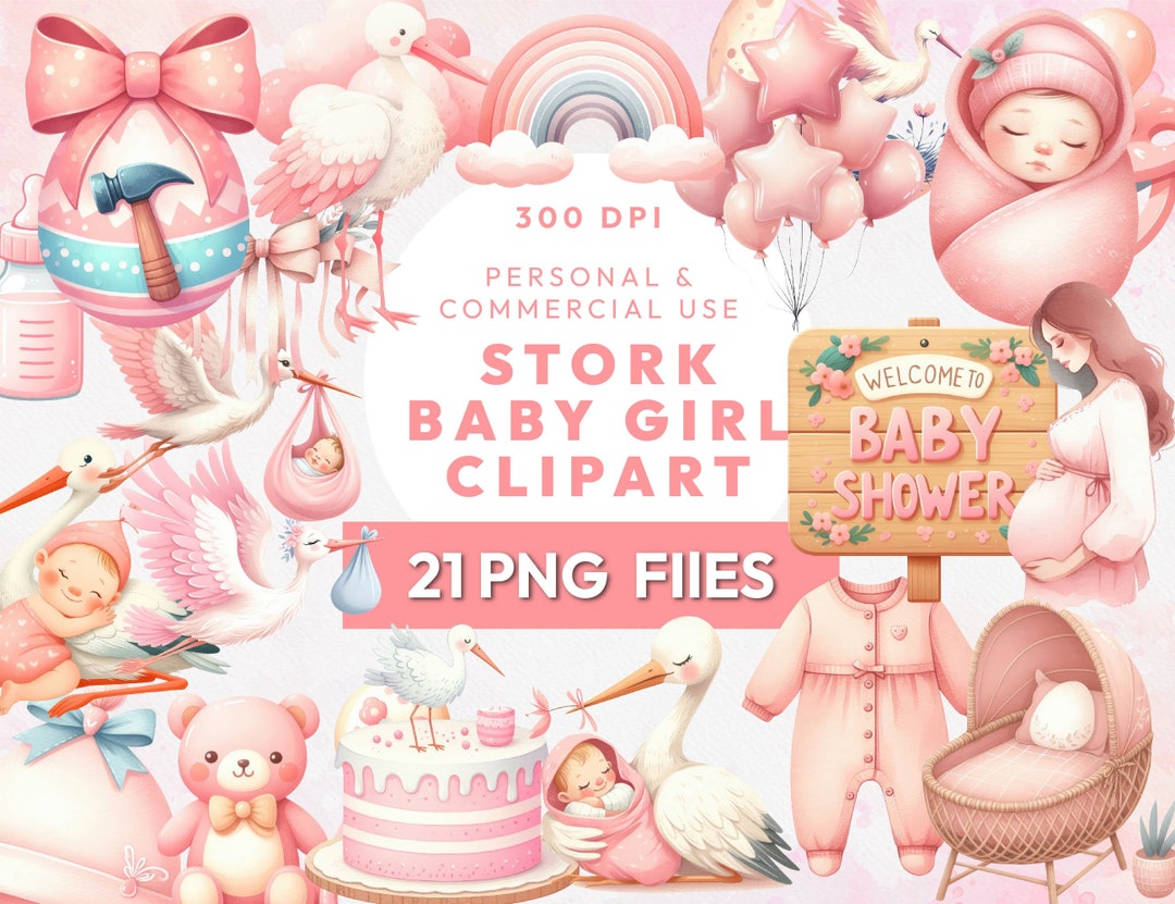 21 Stork Baby Clipart Bundle, Newborn Baby Girl Clipart, Baby Arrival ...