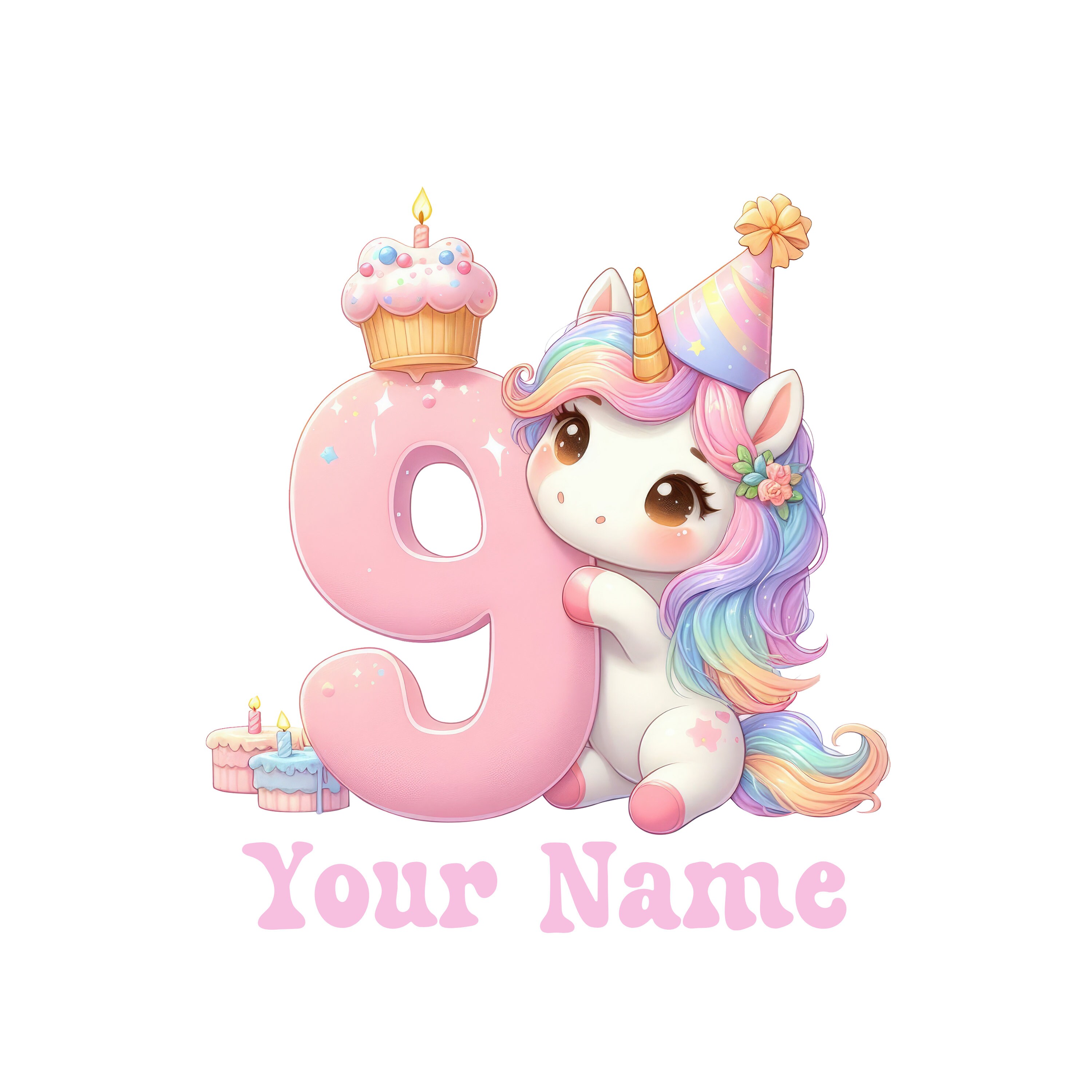 Unicorn Birthday PNG Digital Download File Cute Girl Age 9 Custom Name ...