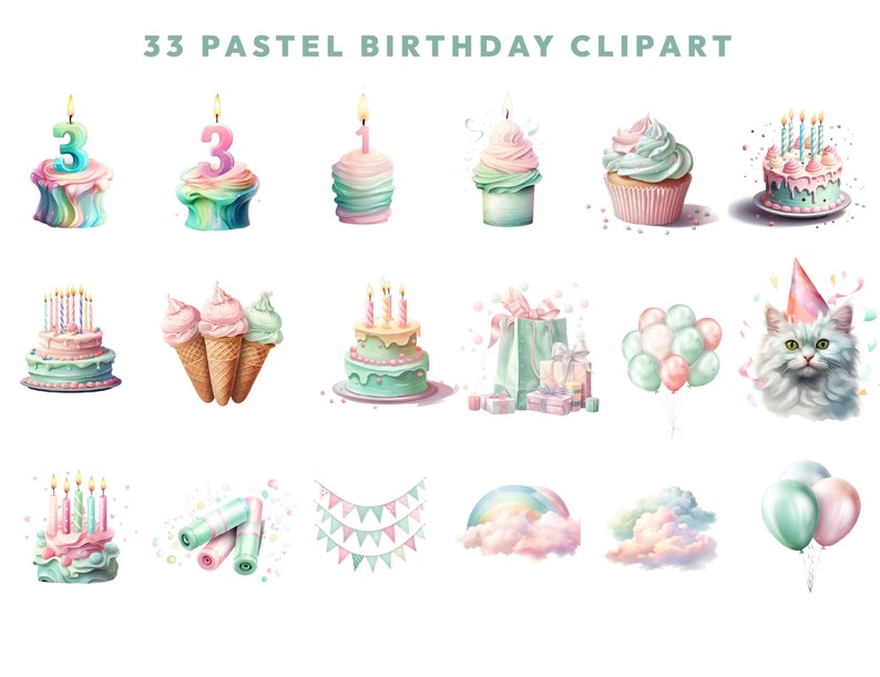 33 Watercolor Pastel Birthday Clipart PNG Bundle, Cute Happy Birthday ...