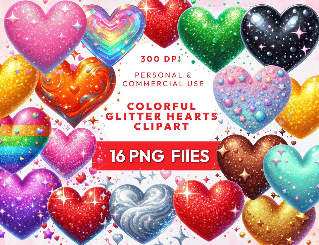 16 Colorful Glitter Hearts Clipart Bundle, Sparkling Rainbow Hearts ...