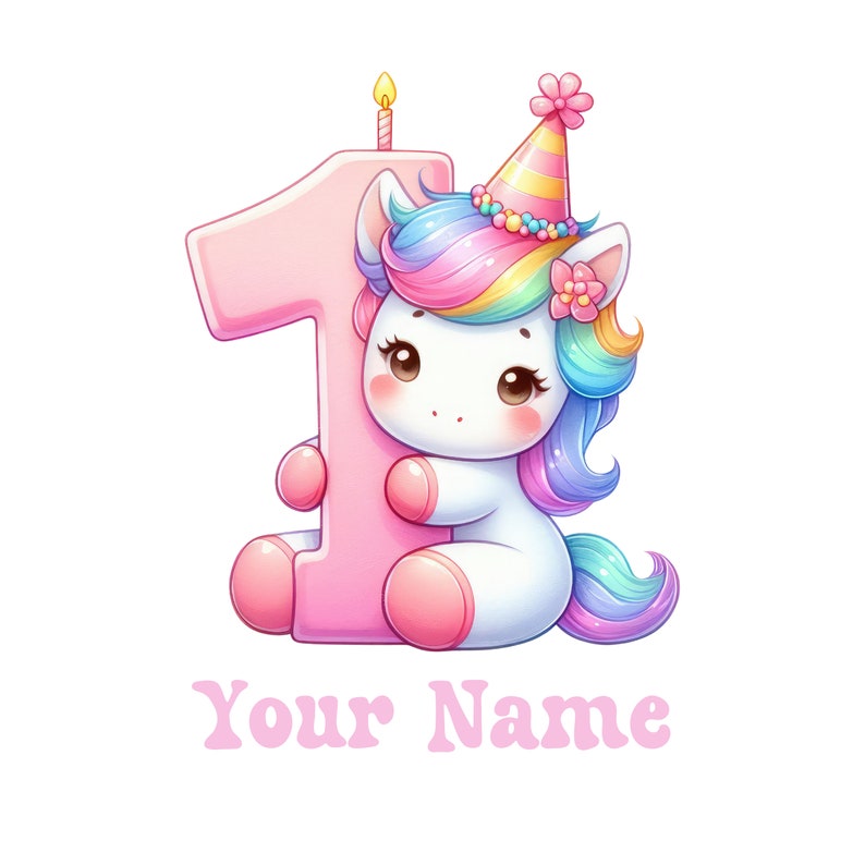 Unicorn Birthday PNG Digital Download File Cute Girl Age 1 Custom Name ...
