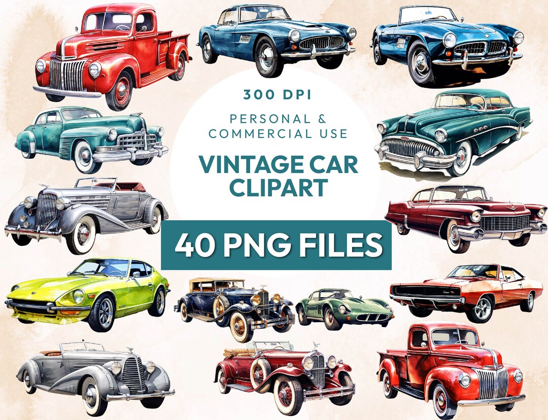 40 Watercolor Vintage Cars Clipart PNG Bundle, Retro Car PNG, Classic ...