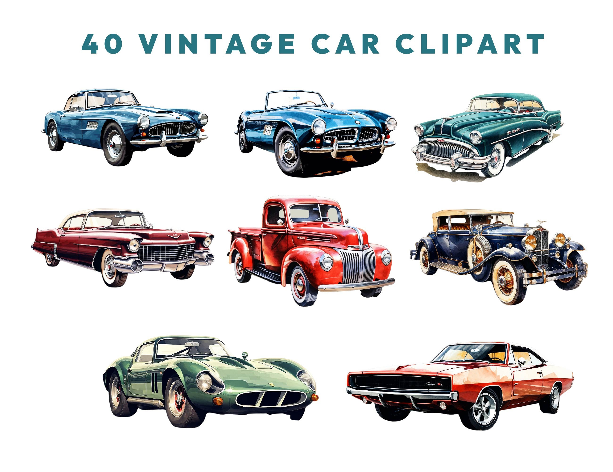 40 Watercolor Vintage Cars Clipart PNG Bundle, Retro Car PNG, Classic ...
