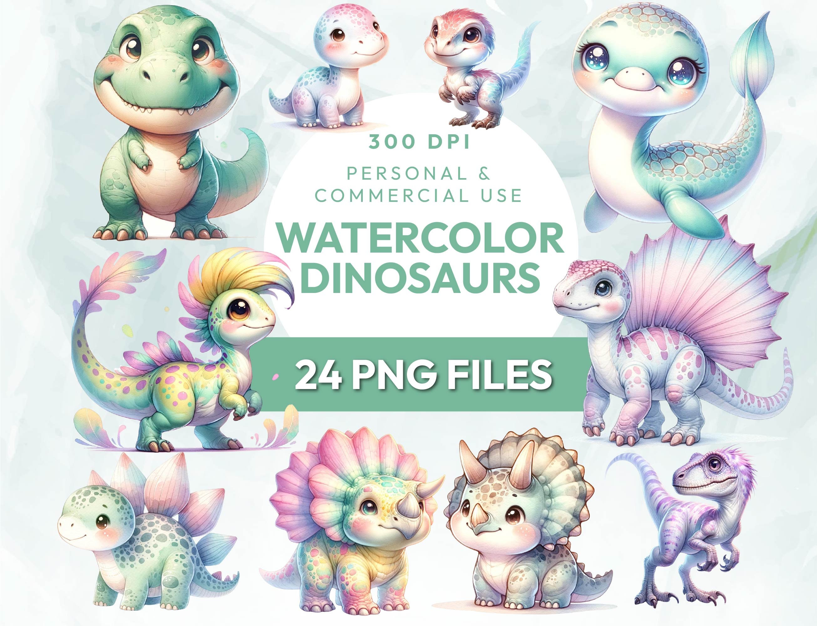 24 Watercolor Baby Dinosaur PNG Bundle, Dino Theme Baby Birthday Party ...