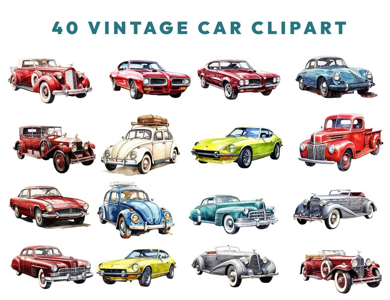 40 Watercolor Vintage Cars Clipart PNG Bundle, Retro Car PNG, Classic ...