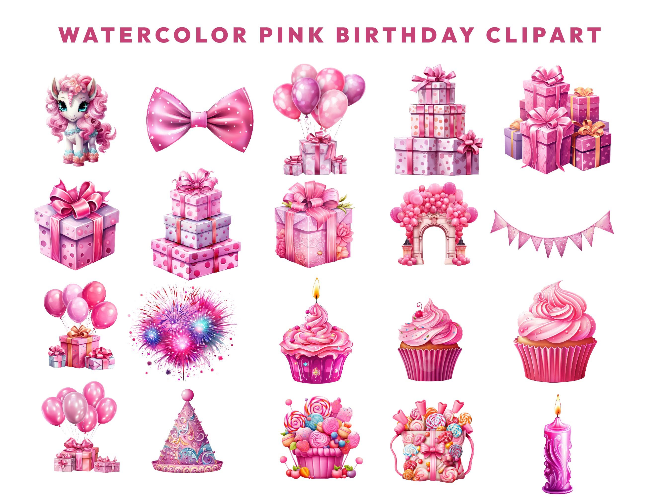 29 Watercolor Pink Birthday Clipart PNG Bundle, Birthday Pngs, Birthday ...
