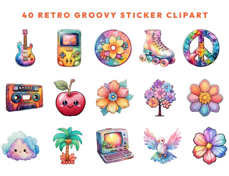 40 Watercolor Retro Groovy Sticker Clipart Bundle, 80 Retro Hippie ...