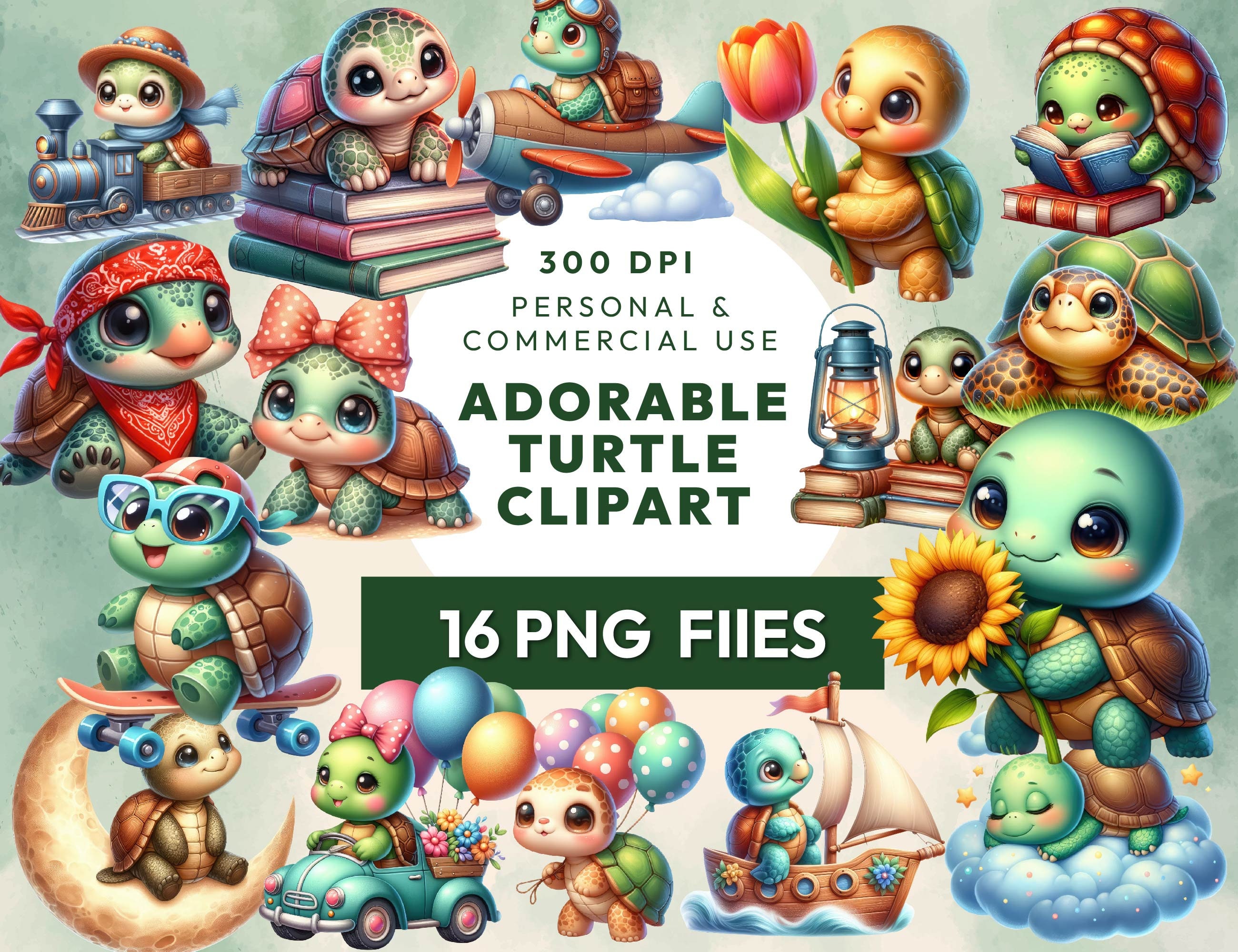 16 Watercolor Sea Turtle Clipart Bundle, Cute Nautical Ocean Animals ...