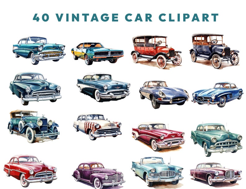40 Watercolor Vintage Cars Clipart PNG Bundle, Retro Car PNG, Classic ...