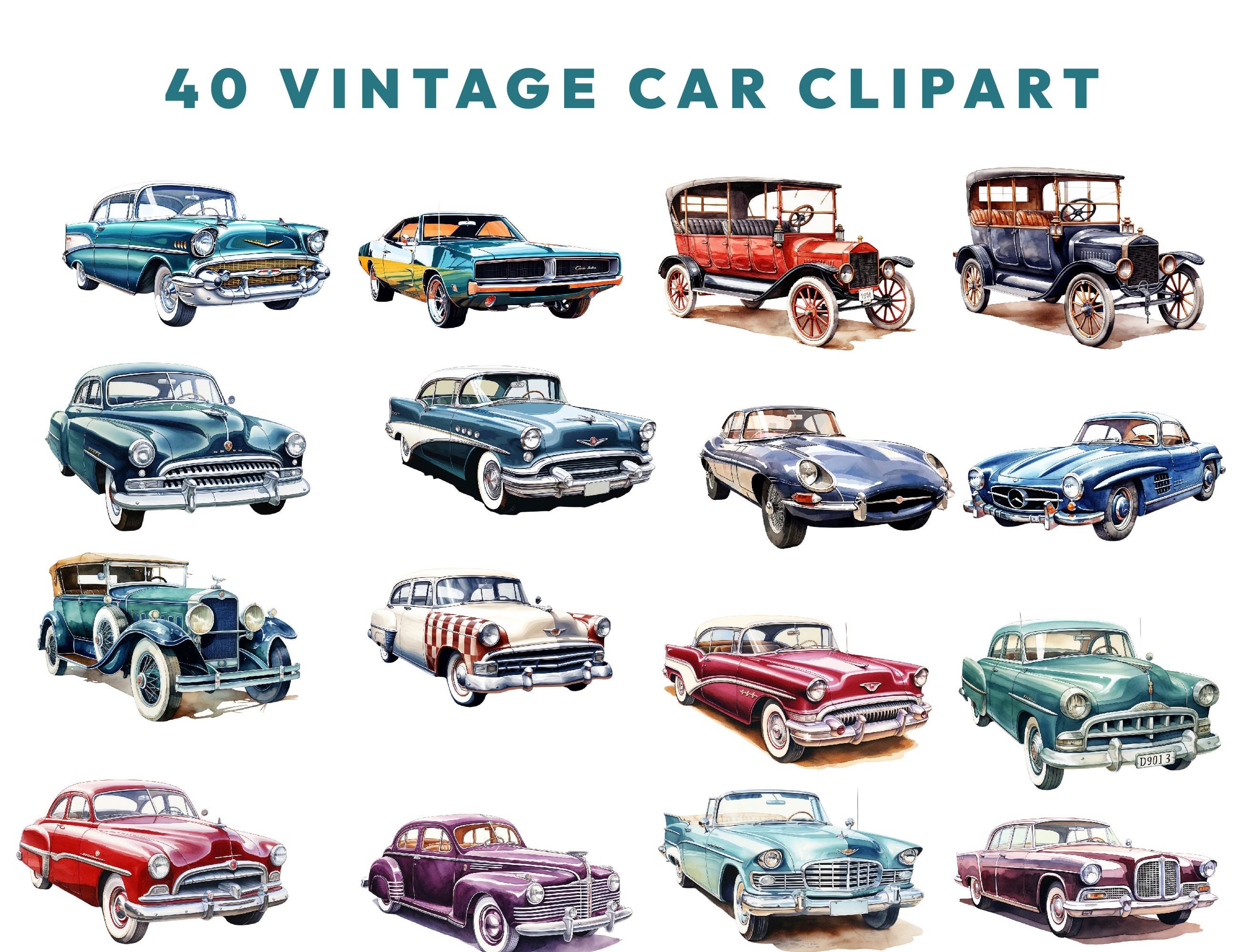 40 Watercolor Vintage Cars Clipart PNG Bundle, Retro Car PNG, Classic ...