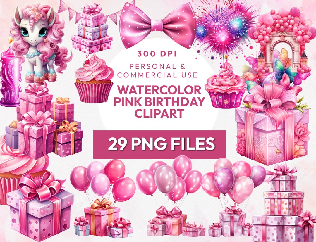 29 Watercolor Pink Birthday Clipart PNG Bundle, Birthday Pngs, Birthday ...