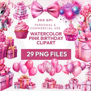 29 Watercolor Pink Birthday Clipart PNG Bundle, Birthday Pngs, Birthday ...
