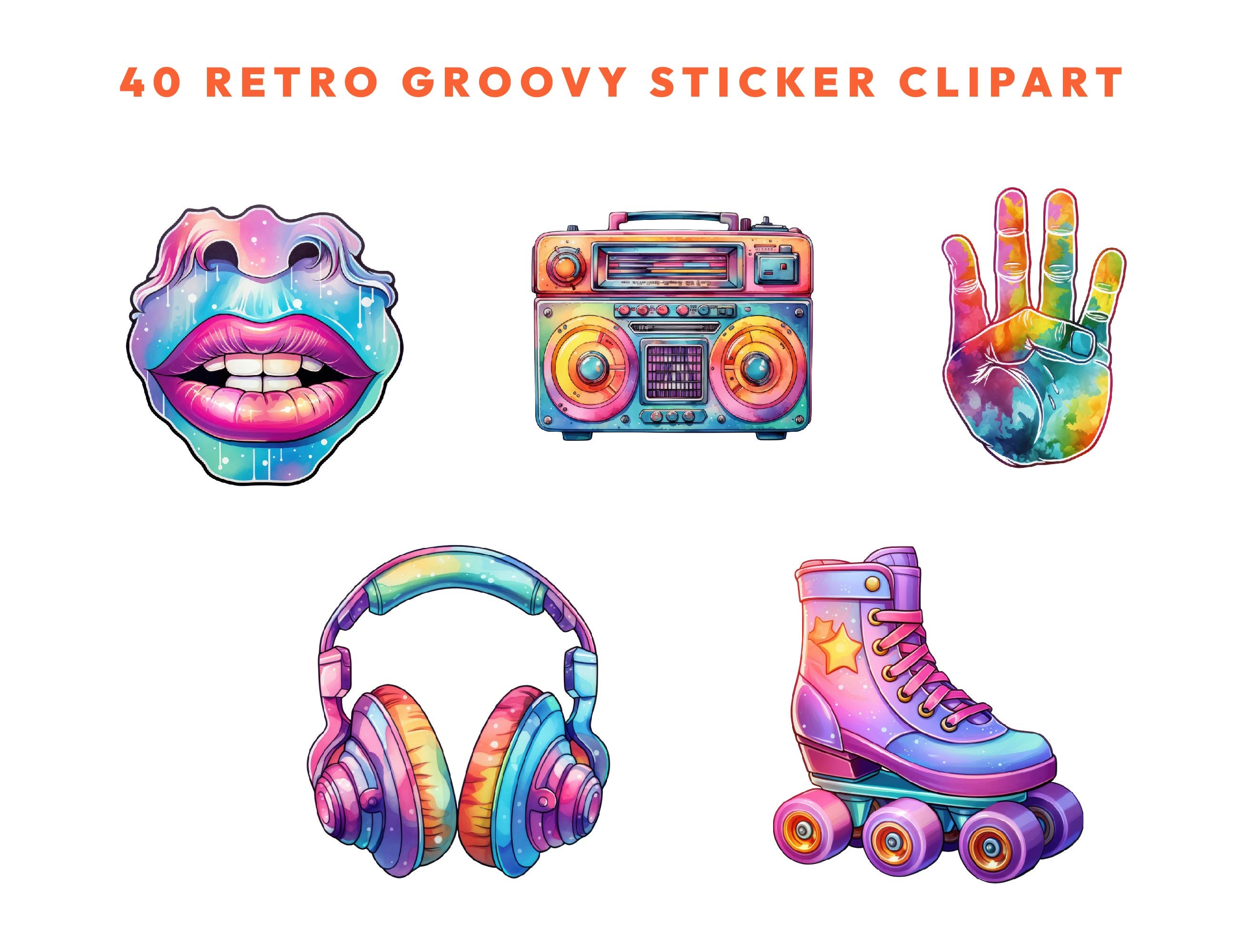 40 Watercolor Retro Groovy Sticker Clipart Bundle, 80 Retro Hippie ...