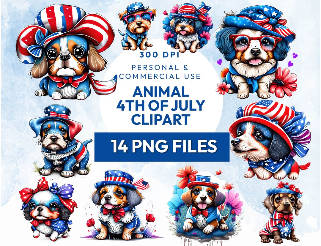 14 Patriotic Animals 4th of July Watercolor Clipart Bundle, Cute Pet ...