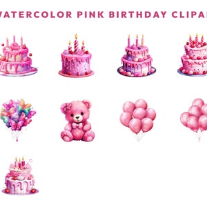 29 Watercolor Pink Birthday Clipart PNG Bundle, Birthday Pngs, Birthday ...