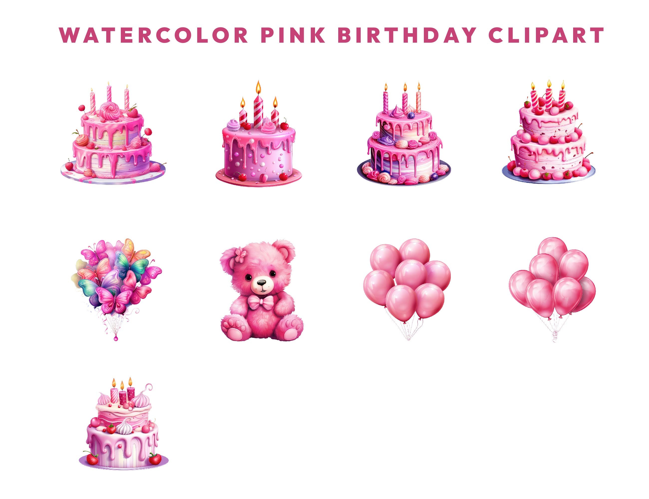 29 Watercolor Pink Birthday Clipart PNG Bundle, Birthday Pngs, Birthday ...